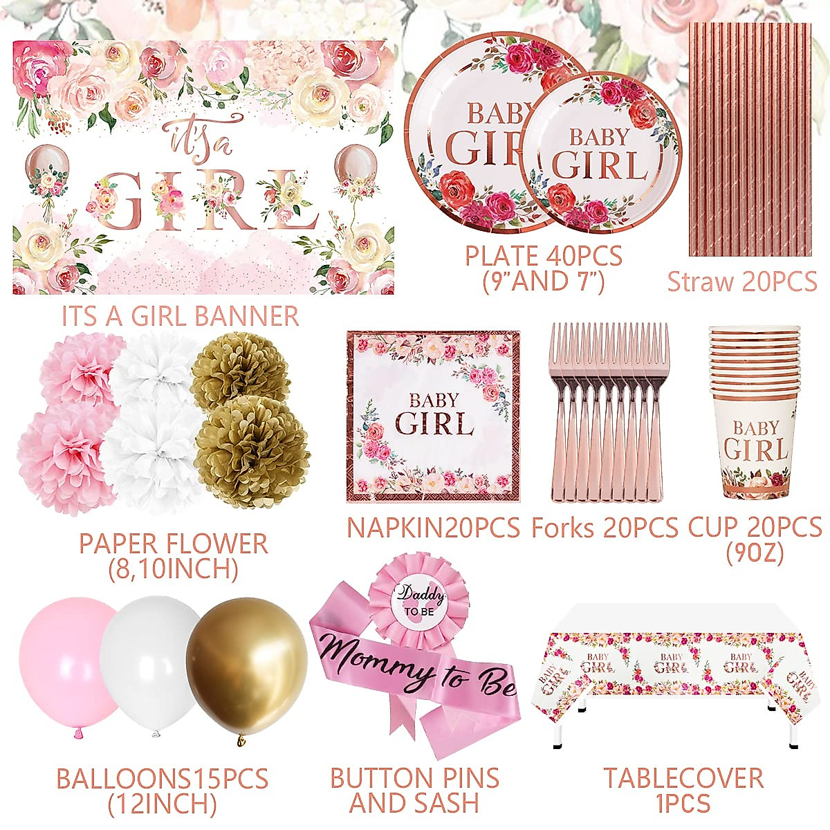 Baby Shower Decorations for Girl Pink and Rose Gold Floral Baby Shower Decor with It's A Girl Backdrop and Baby Girl Plates and Napkins for Sweet Baby Girl Shower Supplies Serves 20 Guests