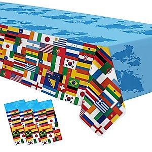 APOWBLS International World Flags Decorations Tablecloth - Disposable Olympic Party Decorations Supplies Table Cover, Travel Trip Around The World Globe Retirement Table Cloth - 3Pack (54in x 108in)