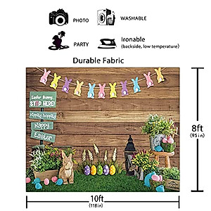 Funnytree 10x8ft Durable Fabric Spring Happy Easter Photography Backdrop No Wrinkles Rustic Wooden Wall Background Bunny Rabbit Eggs Grass Floral Baby Kids Portrait Party Decor Banner Photo Booth