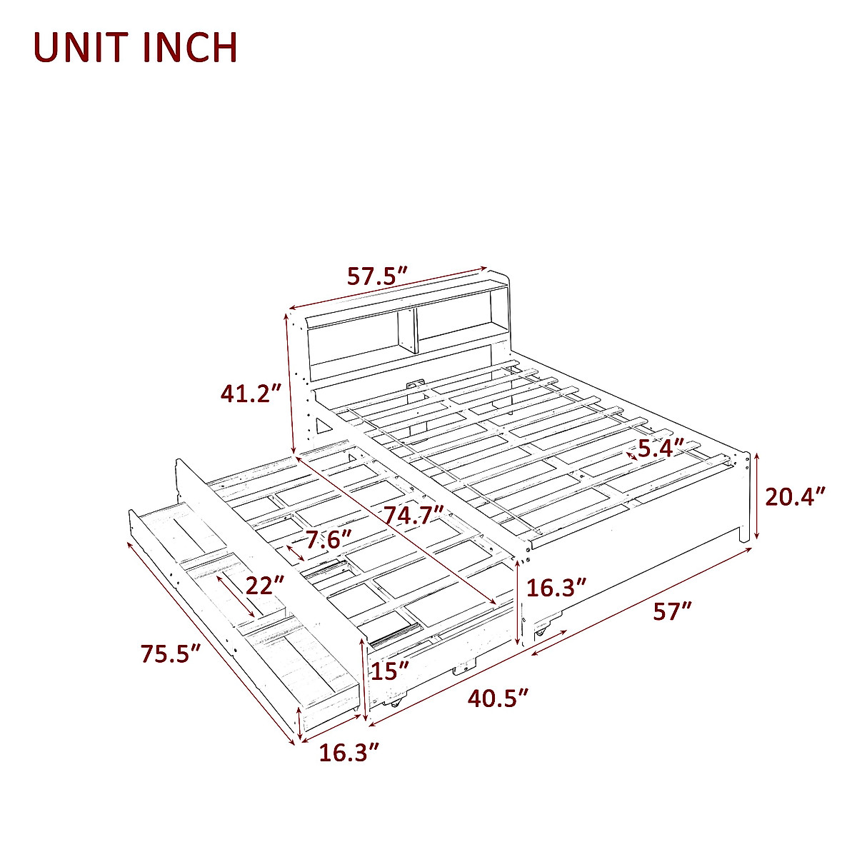 Full Size Bed Frame with Bookcase Headboard,Captain’s Bed Full with Trundle and Drawers for Kids,Trundle Bed with Storage for Teens,Adults(Full,White)
