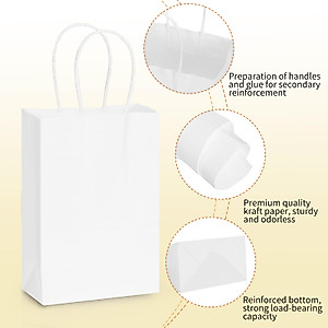 Moretoes 125pcs White Paper Bags with Handles 5.2x3.8x8 Inch, Kraft Small Gift Bags Bulk, Retail Bags, Shopping, Birthday Wedding Party Favor Bags, Merchandise Bags