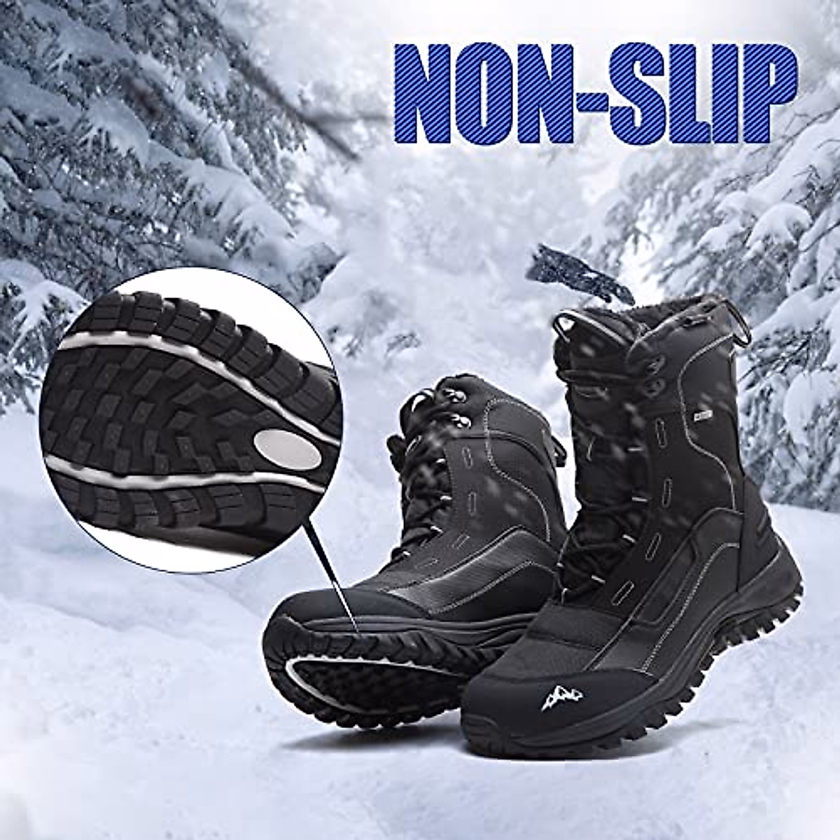 LOHJJMVE Men's Snow Boots Waterproof Insulated Winter Black Hiking Rubber Warm Lightweight Outdoor Shoes,Non-Slip Rubber Outsole (Black, numeric_10)