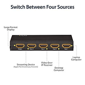 StarTech.com HDMI 2.0 Switch - 4 Port - 4K 60Hz - HDMI Automatic Video Switch Box - Multi Port Hub w/ 1 In 4 Out Functionality (VS421HD20)