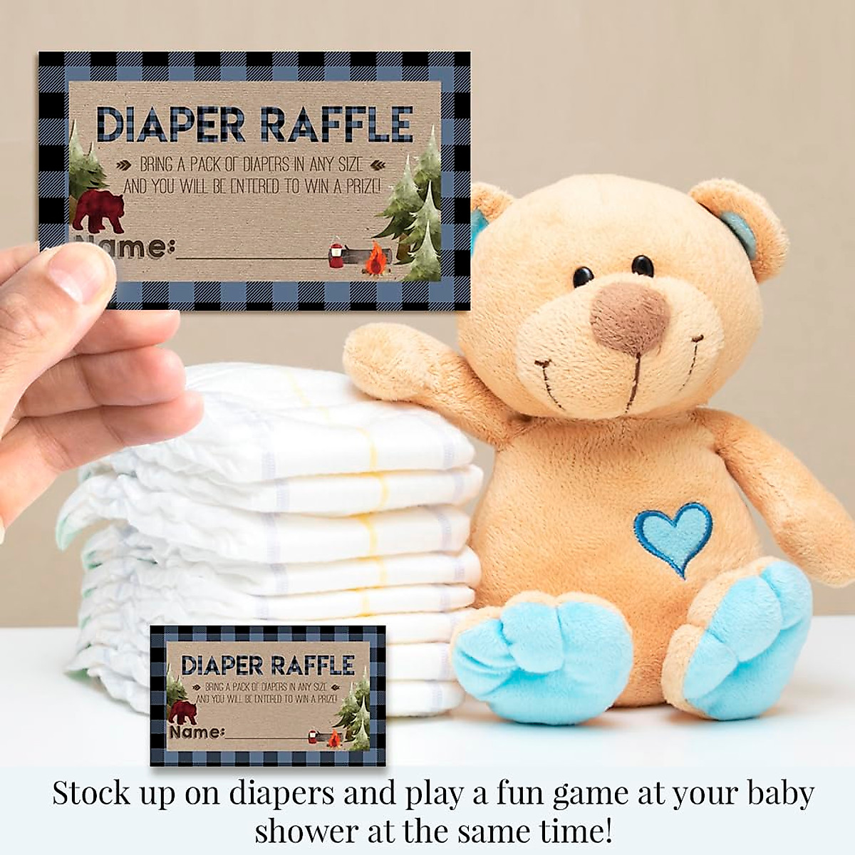 Amanda Creation Oh Boy! Outdoorsy Blue and Black Plaid Lumberjack Diaper Raffle Tickets for Boy Baby Showers, 20 2" X 3” Double Sided Inserts, Bring a Pack of Diapers to Win Favors &