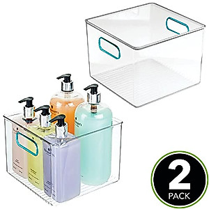 mDesign Plastic Storage Bin with Handles for Organizing Hand Soaps, Body Wash, Shampoos, Lotion, Conditioners, Hand Towels, Hair Accessories, Body Spray, Mouthwash - 8" Square, 2 Pack - Clear/Blue