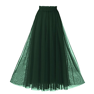 OBBUE Women's A Line Tulle Party Evening Tutu Skirts Tea Length Dark Green-L/XL