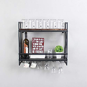MBQQ Rustic Wall Mounted Wine Racks with 6 Stem Glass Holder,24in Industrial Metal Hanging Wine Rack,2-Tiers Wood Shelf Floating Shelves,Home Room Living Room Kitchen Decor Display Rack,Retro Black