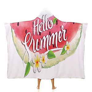 Hooded Blanket Poncho, Watercolor Decor Women Men Hooded Blanket, Hello Summer Motivational Quote with Fresh Watermelon, Soft Warm Cozy, 50 x 60inches, Studying Reading Snuggling Napping Office