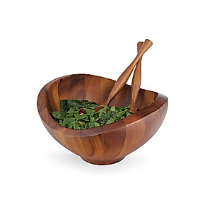 nambe Bella Salad Bowl with Servers | 3 Piece Wooden Salad Bowl Set with Serving Utensils | Acacia Wood Salad Tosser and Fruit Bowl | Housewarming Gift with Gift Box