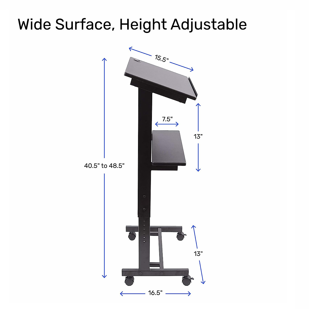 Stand Up Desk Store Mobile Adjustable Height Rolling Lectern Podium with Heavy Duty Steel Frame (Black Frame/Black Shelves, 25.5" Wide)