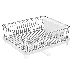 mDesign Alloy Steel Sink Dish Drying Rack Holder with Plastic Swivel Spout Drainboard Tray - Dish Rack/Dish Drainer Storage Organizer for Kitchen Counter - Concerto Collection, Chrome/Clear