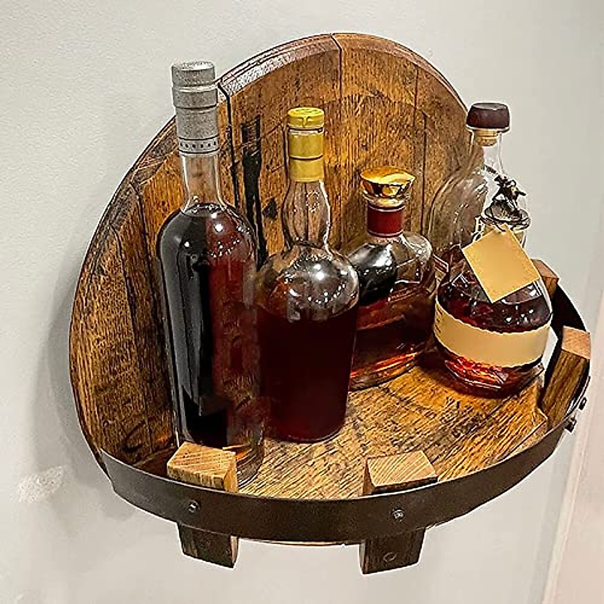 Hand Crafted Liquor Bottle Display,Wall Mounted Whiskey Barrel Shelf,Vintage Round Wine Whiskey Display Organizer Stand Bar Shelves Home Décor