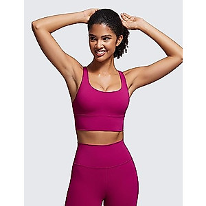 CRZ YOGA Womens Strappy Longline Sports Bra - Wirefree Criss Cross Padded Crop Tank Top Workout Yoga Bras Magenta Purple Small