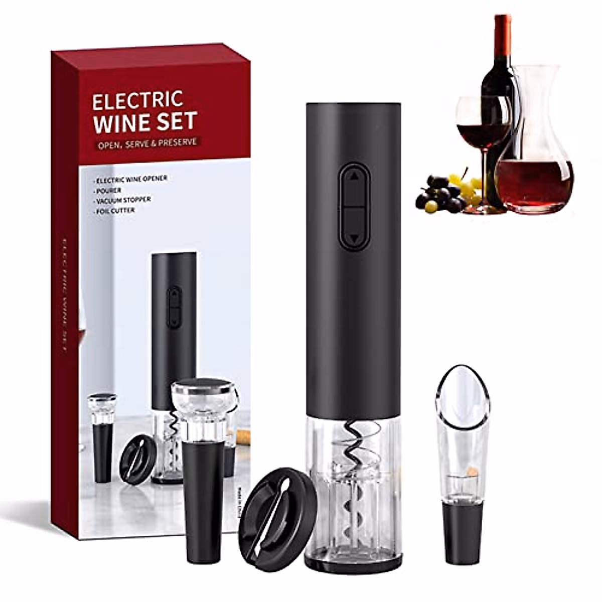 Electric Wine Opener Set, Battery Operated Wine Bottle Opener with Foil Cutter, Wine Pourer and Vacuum Stopper, Automatic Corkscrews for Wine Bottles Kit for Wine Father's Day Gift Home Kitchen Bar