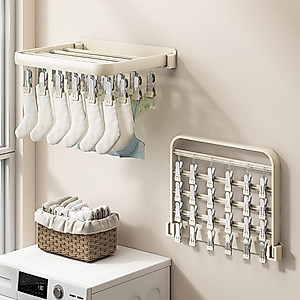 Wall mounted Sock drying rack Clothes Drying Rack,24 Clips Hole-Free Hidden Retractable Clothes Drying Rack Folding Indoor, Laundry Clothes Drying Rack Suitable for Drying Socks (WHITE-24 Clips)