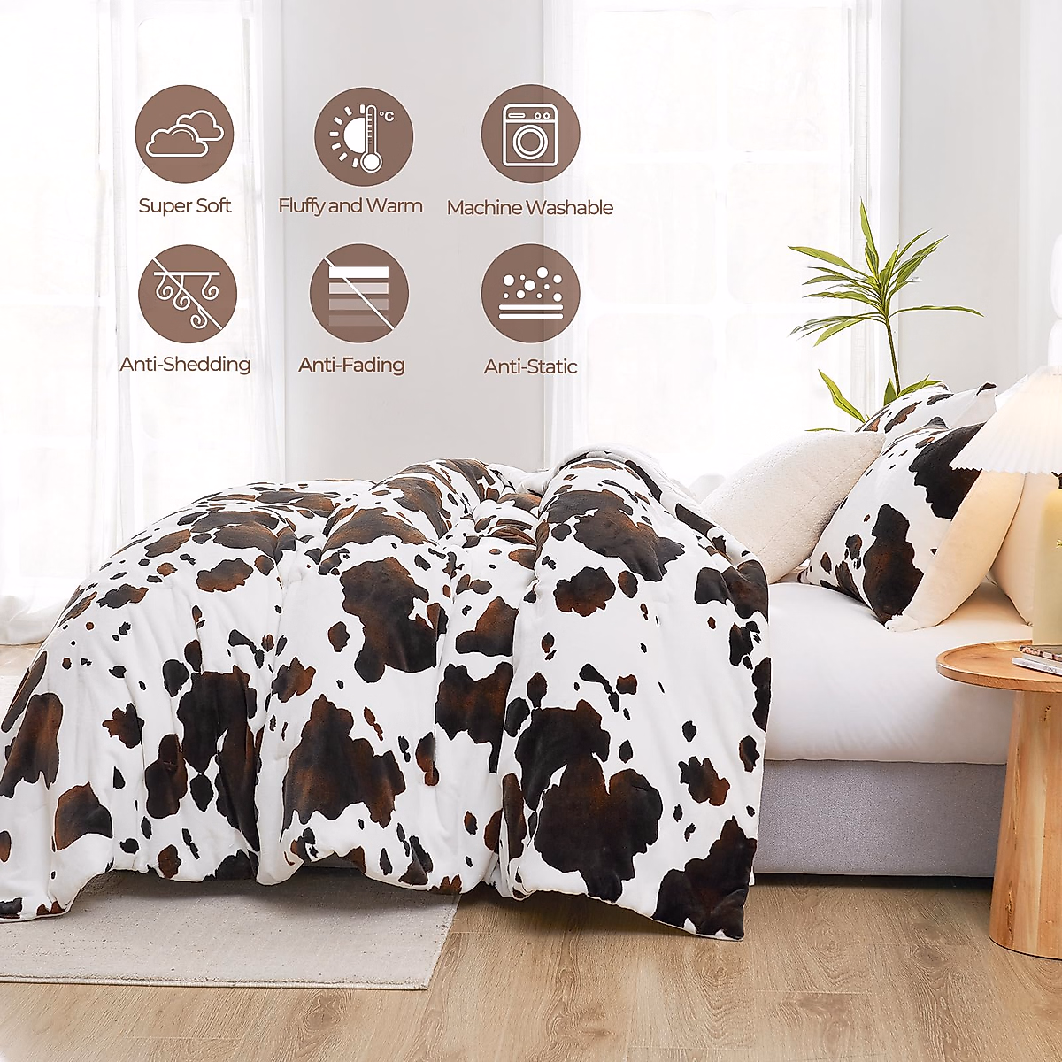Cozy Bliss Fluffy Comforter Set Queen Size Cow Print, Farmhouse Sherpa Bed Set, Ultra Soft Thick Bedding Set for Winter, 3 Pieces, 1 Fuzzy Comforter & 2 Pillow Shams