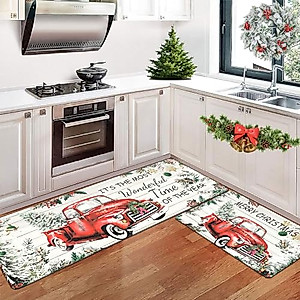 Ileading Red Truck Xmas Tree Kitchen Rugs and Mats Set of 2 Merry Christmas Anti Fatigue Kitchen Floor Mat Farmhouse Wood Grain Comfort Standing Mat Waterproof Kitchen Sink Mat for Floor Kitchen Home