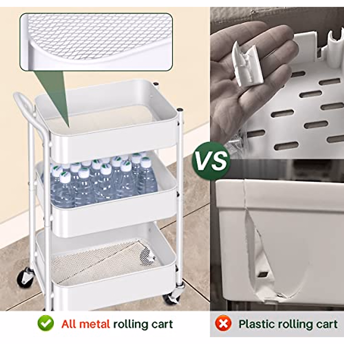 AOODA 3 Tier Under Desk Metal Rolling Cart with Handle and Lockable Wheels, 27'' Height Small Book Cart Mobile Art Cart Rolling Storage Organizer for Office, Bathroom, Kitchen, Nursery (White)