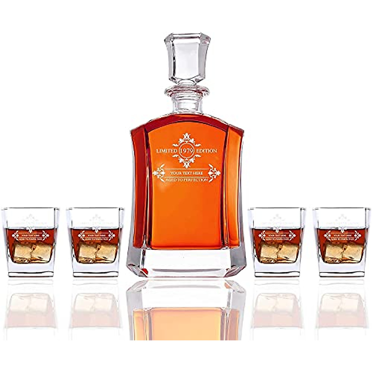 Personalized Shaped 5 piece Whiskey Decanter Set - Decanter and 4 Glasses Gift Set - Custom Engraved (Limited Edition)