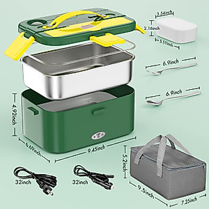 AHNR Electric Lunch Box 80W Food Heater, 3 IN 1 Portable Heated Food Warmer Lunch Box Leakproof for Car Truck Home Work with 1.8L Removable 304 Stainless Steel Container, 12V 24V 110V(Green)