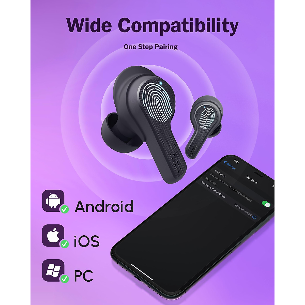 autrebits Wireless Earbuds iOS/Android, Earbuds 26H Playback Bluetooth 5.2 Headphones in Ear Lightweight with Powerful Sound Charging-case Eartips IPX4 Waterproof for Workout Relaxing, Black