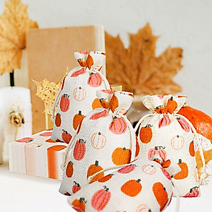 JarThenaAMCS 24Pcs Fall Pumpkin Burlap Gift Bags Cute Pink Orange Pumpkin Linen Drawstring Bags Jewelry Pouch Bags for Autumn Harvest Thanksgiving Party, 4 x 6in