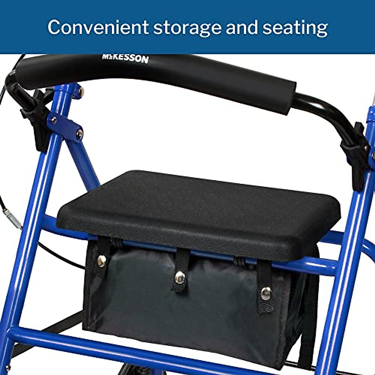 McKesson Rollator Walker with Seat and Wheels, Steel, 300 lbs Weight Capacity, Blue, 1 Count