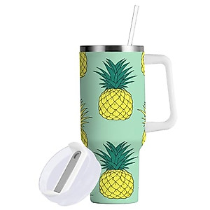 RPLIFE Bright Pineapple Print Light Green 40 Oz Tumbler with Handle, Stainless Steel Cups with Lid, Coffee Tumbler for Women