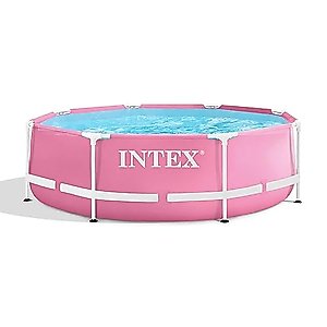 Intex 28290EH 8 Feet by 30 Inches Easy to Assemble Large Round Metal Frame Above Ground Swimming Pool with Dual Suction Outlet Fittings, Pink