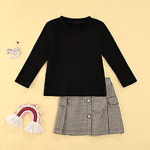 GOOCHEER 2Pcs Kids Toddler Baby Girl Clothes Knit Sweater Long Sleeve T-Shirt Tops A-Line Mini Skirt Set Fall Outfits (Black, 6-7 Years)