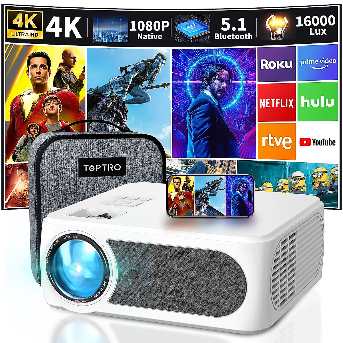4K Projector with WiFi and Bluetooth, TOPTRO 2023 Upgraded X3 Native 1080P Projector 4K Support, 16000 Lumen, 4P/4D Keystone, 300" Display, 50% Zoom, Outdoor Projector for iOS/Android/ TV Stick/PS5