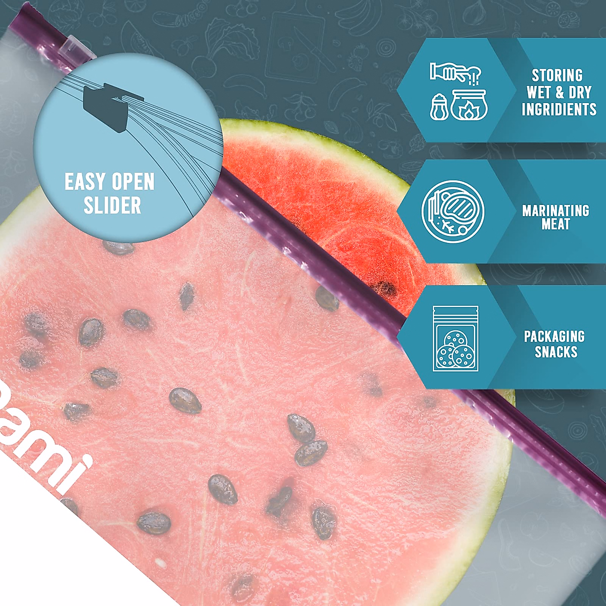 PAMI Jumbo Food Storage Slider 2.5 Gallon Bags [10-Pieces] - Leakproof Ziplock Bags With Expandable Bottom- Food-Safe Zipper Bags With Freshness Lock & Write-On Label- Reusable Large Sandwich Bags