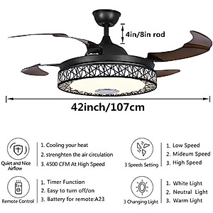 Razaban 42 inch Ceiling Fan Light with Bluetooth Speaker and Remote Control, Modern 3-Color Dimming Chandelier Mute Ceiling Fans with Lights for Bedroom Dining/Living Room (42inch-Black)