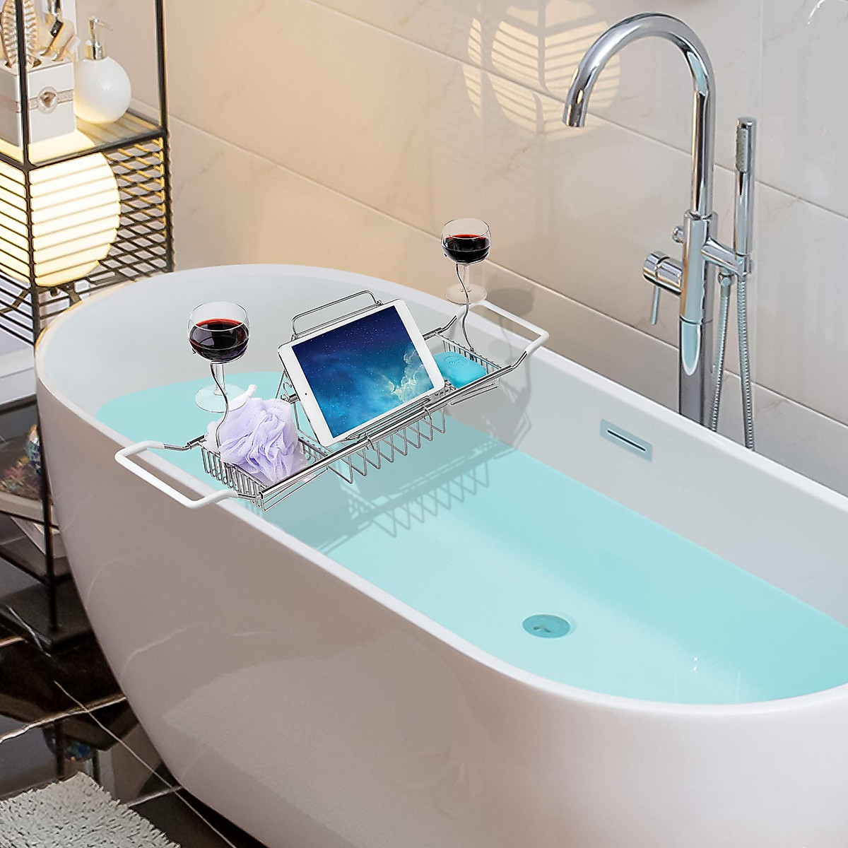 iPEGTOP Stainless Steel Bathtub Caddy Tray - Over Bath Tub Racks Shower Organizer with Extending Sides, Removable Wine Glass Book Holder