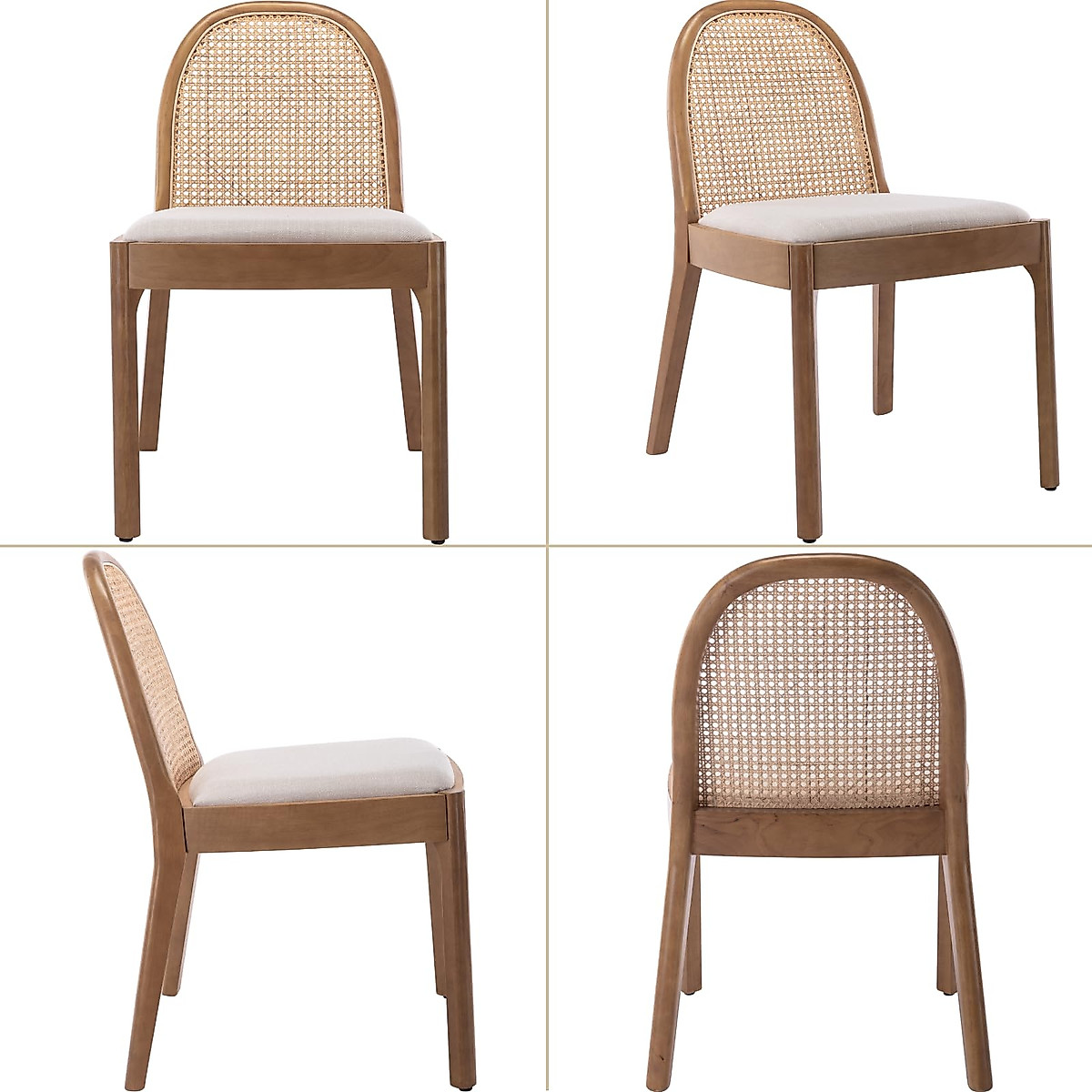 Ya-Home Mid Century Dining Chairs Set of 2, Accent Rattan Linen Fabric Side Chairs Kitchen Chair with Solid Wooden Legs for Living Room Dining Room, Beige