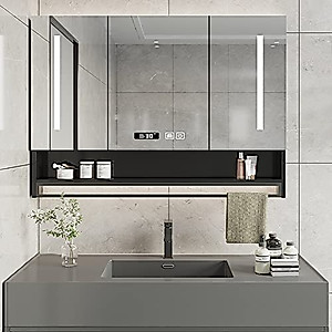 ZJIEX Medicine Cabinet, LED Bathroom Mirror Cabinet, Anti-Fog 32x28in Wall Mirror with Mirror Doors & Towel Bar, Multipurpose Storage Organizer (Color : Black, Size : 40x28in/100x70cm)