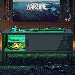 Bestier 42 Inch LED Coffee Table with Storage Glass Coffee Tables for Living Room with Sliding Doors, Black Living Room Center Table