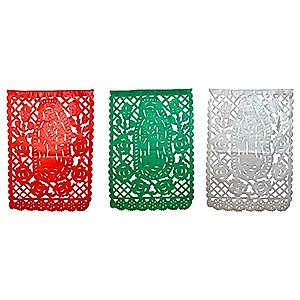 TexMex Fun Stuff - Mexican Banner Decorations, Mexican Party Decorations, Mexican Banner Papel Picado, Virgin of Guadalupe, Paper, 14 x 9 Inches per Flag, Set of 2