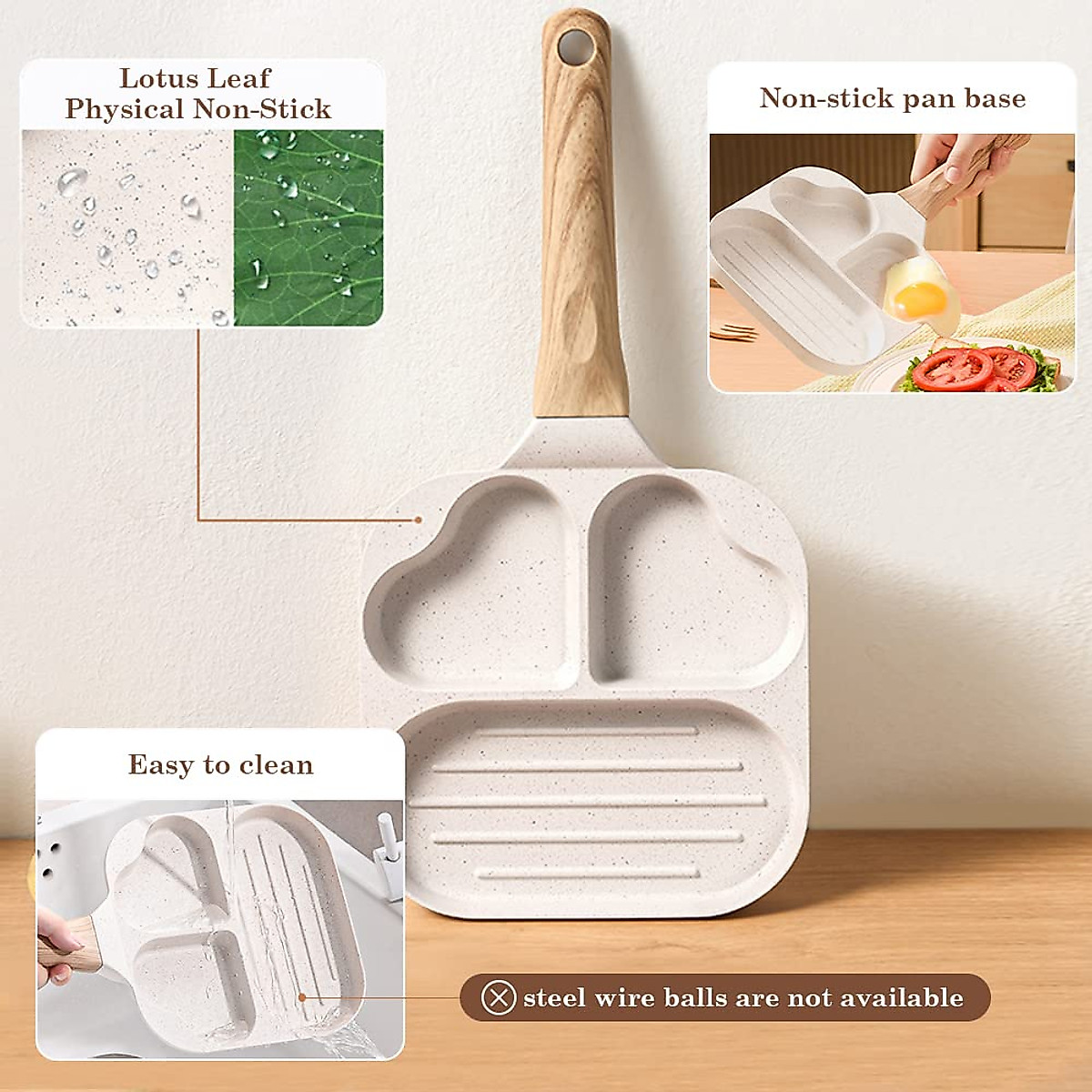 Pearlead Nonstick Egg Frying Pan Heart Shaped Fried Egg Cooker Pan 3 Section Pancake Pan Omelette Pan Breakfast Pan Egg Skillet Pan for Kitchen Use with Basting Brush and Cooking Tong