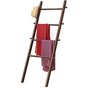 MyGift 5 Ft Tall Dark Brown Solid Wood Wall Leaning Blanket Ladder, Farmhouse Bathroom Towel Rack 4 Rungs and 6 Pegged Hooks