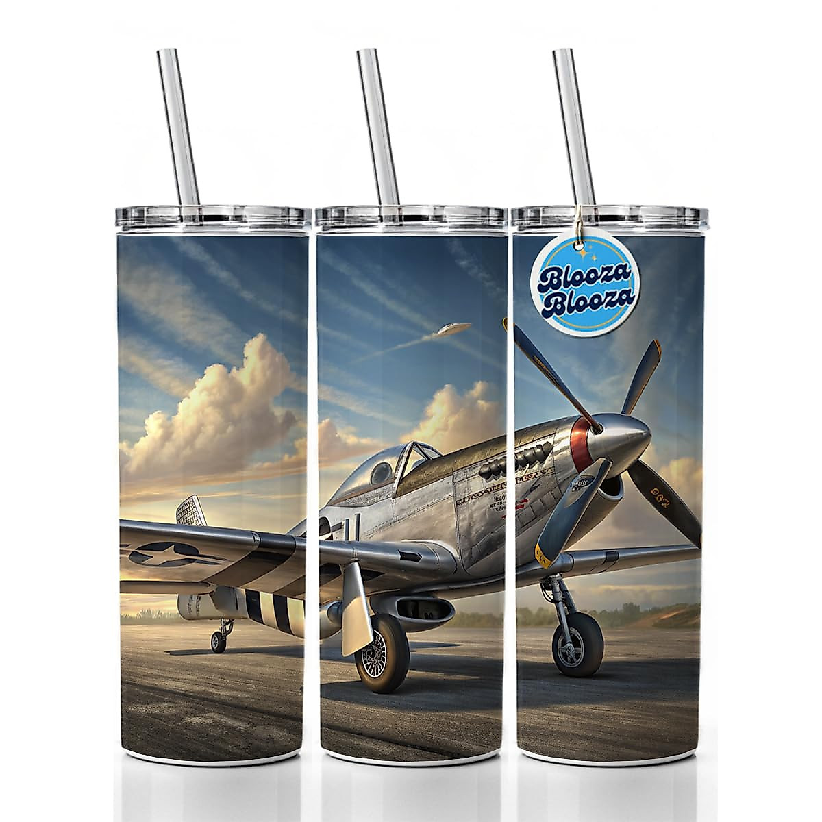 P-51 Mustang WWII US Fighter Plane Skinny Tumbler 20oz with Straw Insulated Water Bottle Gift