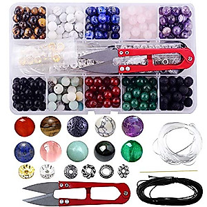 Stone Beads Box Set Kits 240pcs 8mm Round Loose Gemstone Natural Amethyst Lava Stone Amazonlite Assorted Color with Accessories Tools for Bracelet Jewelry Making (Stone Beads Kits)