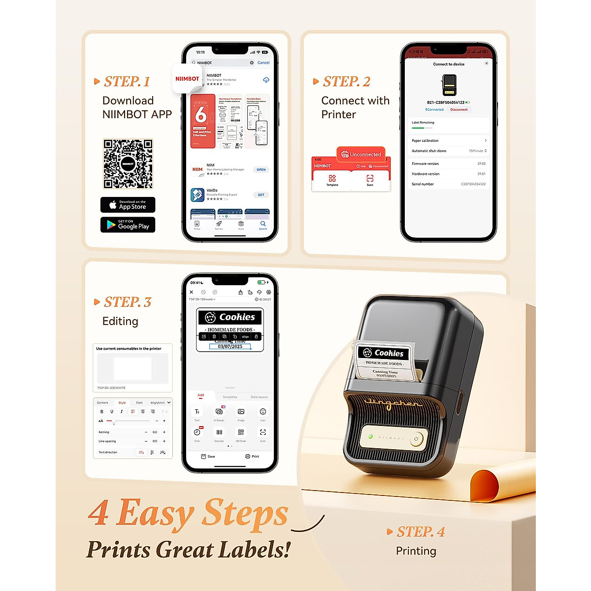 NIIMBOT B21 Inkless Label Maker, Portable Thermal Label Printer for Clothing, Address, Business, Compatible with iOS & Android, with 1 Pack 1.96x1.18 inch White Label, Black