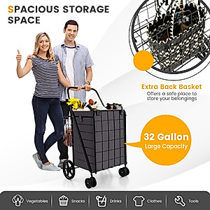 S AFSTAR Shopping Cart with Oxford Liner Bag, 27 Gal Folding Grocery Cart on Wheels, Double Basket, 330 LBS Weight Capacity, Portable Granny Cart Shopping Cart for Market Laundry (Black)