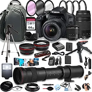 Canon EOS 2000D (Rebel T7) DSLR Camera w/EF-S 18-55mm F/3.5-5.6 Zoom Lens + 75-300mm F/4-5.6 III Lens+ 64GB Memory Cards, Professional Photo Bundle (42pc Bundle)