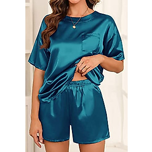Senert Satin Pajamas for Women Short Sleeve Silk Pajama Sets Soft Sleepwear Top With Loose Causal Pj Shorts Peacock Blue,Small