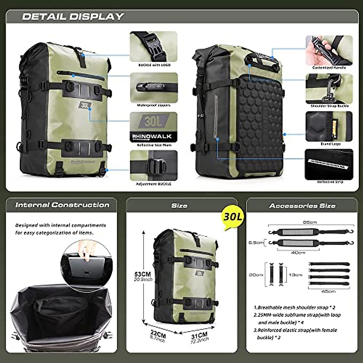 Rhinowalk Motorcycle Tail Bag Motorbike Side Bag 30L Full Waterproof Motor Saddle Pannier Bag Rear Rack Trunk Professional Motor Accessories-Green