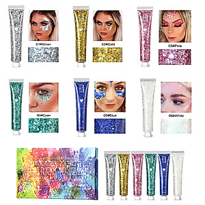 6 Colors Face Body Glitter Gel Set, Shimmer Chunky Glitters Cream for Eyes Hair Nails Makeup, Long Lasting Sparkling Mermaid Holographic Sequins Paste for Festival Art Party Halloween Makeup Gift Kit