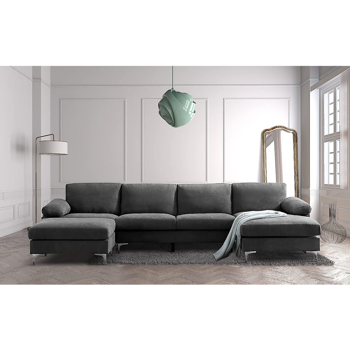Verfur 5 Seats Convertible Sectional Sofa with Extra Wide Reversible Chaise and Movable Ottoman, U Shaped Symmetrical Modular Corner Couch Living Room Furniture Sets for Home Office, Dark Grey 128.3"