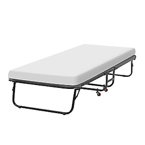 Twin Folding Bed Rollaway Portable Guest Bed Cot Space Saving Bed Frame No Assembly Sturdy Folding Cot with Mattress Wheels for Office Bedroom Guest Camping, White